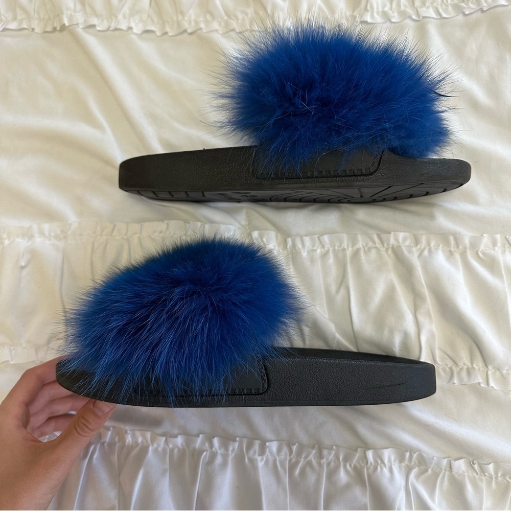 Duckie Confetti Royal Blue Fox Fur Slides - Gem
